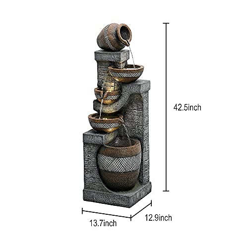 SunJet 5-Tiers Indoor/Outdoor Garden Water Fountain - 42.5inches Modern Floor-Standing Cascading Water Feature - Suitable for Deck, Patio, Porch, Yard Decor