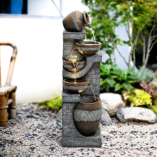 SunJet 5-Tiers Indoor/Outdoor Garden Water Fountain - 42.5inches Modern Floor-Standing Cascading Water Feature - Suitable for Deck, Patio, Porch, Yard Decor