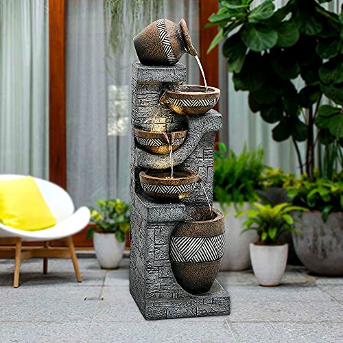 SunJet 5-Tiers Indoor/Outdoor Garden Water Fountain - 42.5inches Modern Floor-Standing Cascading Water Feature - Suitable for Deck, Patio, Porch, Yard Decor