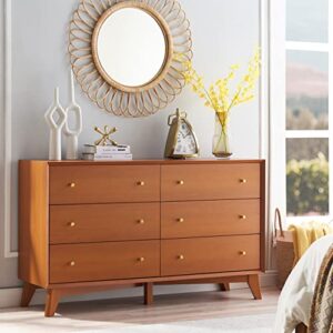 T4TREAM 6 Drawer Dresser for Bedroom,Mid Centry Modern Dresser Wide 6 Chest of Drawers,Wood Storage Organizer Dresser,Nursery Dresser,for Living Room, Hallway, Bedroom, Kids Bedroom, Cherry