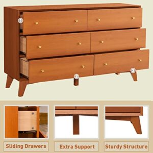 T4TREAM 6 Drawer Dresser for Bedroom,Mid Centry Modern Dresser Wide 6 Chest of Drawers,Wood Storage Organizer Dresser,Nursery Dresser,for Living Room, Hallway, Bedroom, Kids Bedroom, Cherry