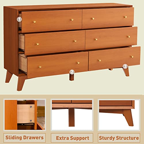 T4TREAM 6 Drawer Dresser for Bedroom,Mid Centry Modern Dresser Wide 6 Chest of Drawers,Wood Storage Organizer Dresser,Nursery Dresser,for Living Room, Hallway, Bedroom, Kids Bedroom, Cherry