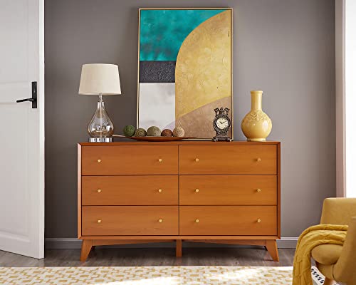 T4TREAM 6 Drawer Dresser for Bedroom,Mid Centry Modern Dresser Wide 6 Chest of Drawers,Wood Storage Organizer Dresser,Nursery Dresser,for Living Room, Hallway, Bedroom, Kids Bedroom, Cherry