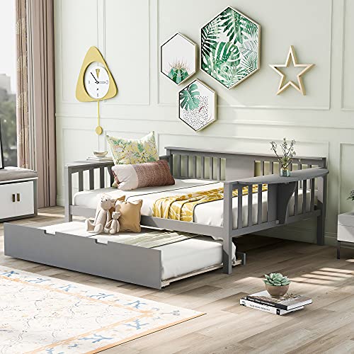 Solid Wood Daybed with 2 Folding Tables and Trundle, Full-Size Bed Frame Multi-Functional Daybed for Kids/Teens Bedroom/Guest Room Furniture, No Box Spring Required