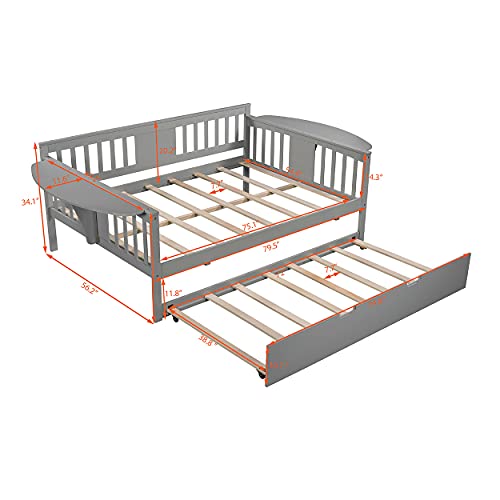 Solid Wood Daybed with 2 Folding Tables and Trundle, Full-Size Bed Frame Multi-Functional Daybed for Kids/Teens Bedroom/Guest Room Furniture, No Box Spring Required