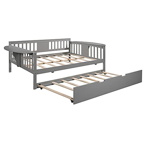 Solid Wood Daybed with 2 Folding Tables and Trundle, Full-Size Bed Frame Multi-Functional Daybed for Kids/Teens Bedroom/Guest Room Furniture, No Box Spring Required