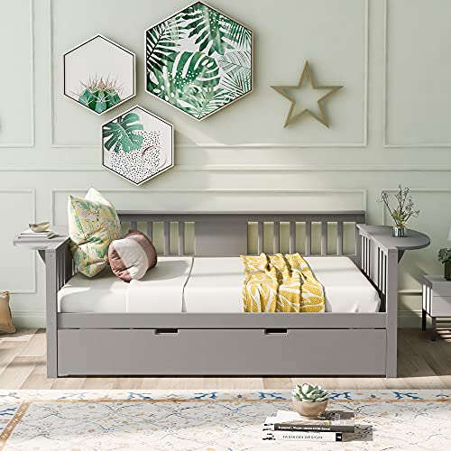 Solid Wood Daybed with 2 Folding Tables and Trundle, Full-Size Bed Frame Multi-Functional Daybed for Kids/Teens Bedroom/Guest Room Furniture, No Box Spring Required