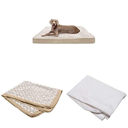 Furhaven Pet Bundle Jumbo Plus Cream Deluxe Cooling Gel Memory Foam Ultra Plush Faux Fur Mattress, Extra Dog Bed Cover, & Water-Resistant Mattress Liner for Dogs & Cats