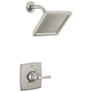 delta faucet geist 14 series shower faucet, shower trim kit with single-spray brushed nickel shower head, shower faucet set complete, spotshield brushed nickel 142864-sp (valve included)