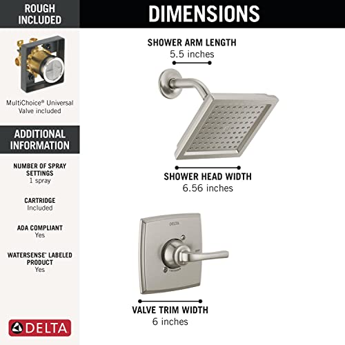 Delta Faucet Geist 14 Series Shower Faucet, Shower Trim Kit with Single-Spray Brushed Nickel Shower Head, Shower Faucet Set Complete, SpotShield Brushed Nickel 142864-SP (Valve Included)