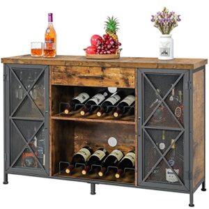 wine bar cabinet with wine rack and glass holder, farmhouse coffee bar cabinet for liquor and glasses, industrial sideboard buffet cabinet with drawer and mesh door