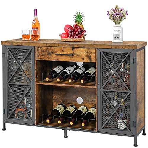 Wine Bar Cabinet with Wine Rack and Glass Holder, Farmhouse Coffee Bar Cabinet for Liquor and Glasses, Industrial Sideboard Buffet Cabinet with Drawer and Mesh Door