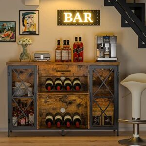 Wine Bar Cabinet with Wine Rack and Glass Holder, Farmhouse Coffee Bar Cabinet for Liquor and Glasses, Industrial Sideboard Buffet Cabinet with Drawer and Mesh Door