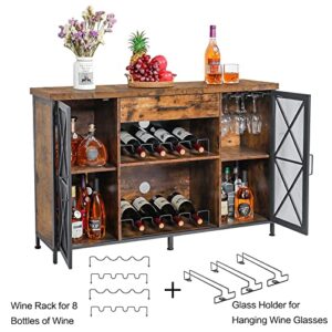 Wine Bar Cabinet with Wine Rack and Glass Holder, Farmhouse Coffee Bar Cabinet for Liquor and Glasses, Industrial Sideboard Buffet Cabinet with Drawer and Mesh Door