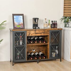 Wine Bar Cabinet with Wine Rack and Glass Holder, Farmhouse Coffee Bar Cabinet for Liquor and Glasses, Industrial Sideboard Buffet Cabinet with Drawer and Mesh Door