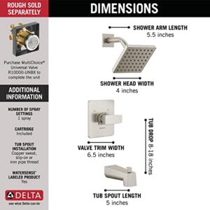 Delta Faucet Modern Brushed Nickel Tub and Shower Trim Kit, Shower Faucet with Single-Spray Touch-Clean Shower Head, Stainless T14467-SS-PP (Valve Not Included)