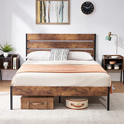 VECELO Platform Queen Bed Frame with Rustic Vintage Wood Headboard, Mattress Foundation, Strong Metal Slats Support, No Box Spring Needed