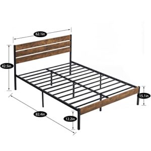 VECELO Platform Queen Bed Frame with Rustic Vintage Wood Headboard, Mattress Foundation, Strong Metal Slats Support, No Box Spring Needed