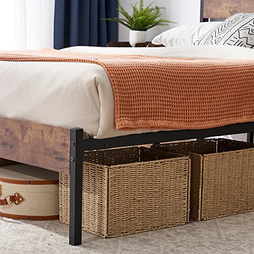 VECELO Platform Queen Bed Frame with Rustic Vintage Wood Headboard, Mattress Foundation, Strong Metal Slats Support, No Box Spring Needed