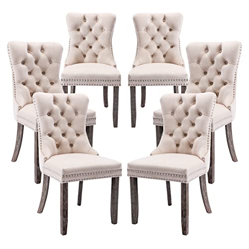 Qtivii Velvet Dining Chairs Set of 6, Tufted Dining Room Chairs with Button Back, Nailhead Trim, Upholstered Dining Chairs for Kitchen, Bedroom, Restaurant (Beige)