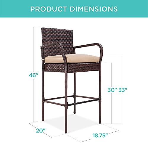 Best Choice Products Set of 2 Wicker Bar Stools, Indoor Outdoor Bar Height Chairs w/Cushion, Footrests, Armrests for Backyard, Patio, Pool, Garden, Deck - Brown