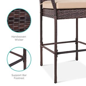 Best Choice Products Set of 2 Wicker Bar Stools, Indoor Outdoor Bar Height Chairs w/Cushion, Footrests, Armrests for Backyard, Patio, Pool, Garden, Deck - Brown