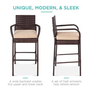 Best Choice Products Set of 2 Wicker Bar Stools, Indoor Outdoor Bar Height Chairs w/Cushion, Footrests, Armrests for Backyard, Patio, Pool, Garden, Deck - Brown