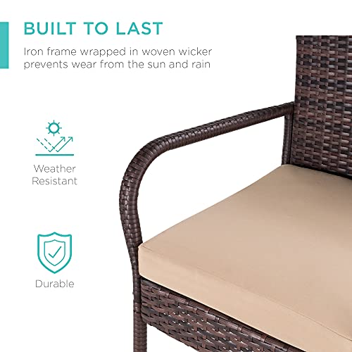 Best Choice Products Set of 2 Wicker Bar Stools, Indoor Outdoor Bar Height Chairs w/Cushion, Footrests, Armrests for Backyard, Patio, Pool, Garden, Deck - Brown