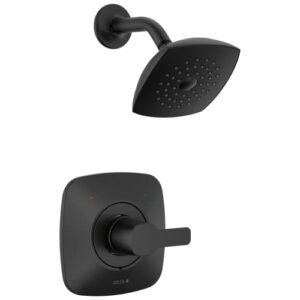 delta faucet modern 14 series matte black shower faucet, delta shower trim kit with single-spray touch-clean black shower head, matte black t142339-bl-pp (valve not included)