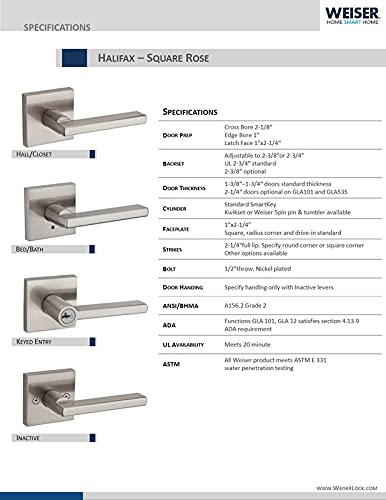 Weiser (by Kwikset) Halifax Lever, Square Rose, Privacy Function, Satin Nickel (US15)