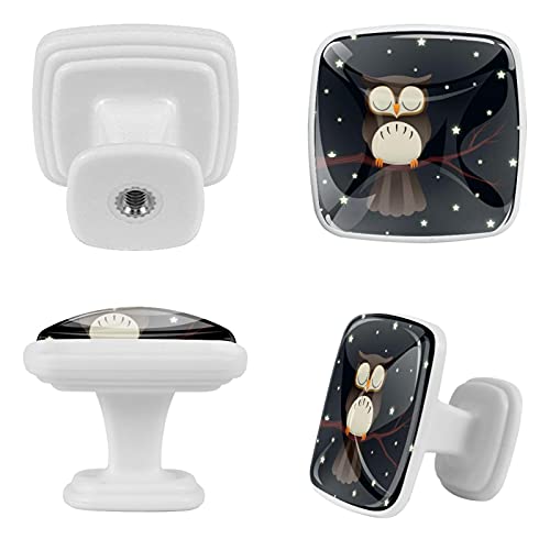 DEYY White Base with Sleepy Owl on Night Prints 30MM Square Drawer Knobs 4PCS Kitchen Cabinet Knob Handle Pulls for Cupboard Wardrobe Dresser Door Furniture Home Decor