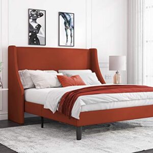 Allewie Queen Bed Frame, Platform Bed Frame Queen Size with Upholstered Headboard, Modern Deluxe Wingback, Wood Slat Support, Mattress Foundation, Burnt Orange