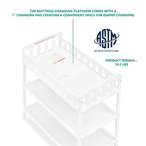 Dream On Me Emily Changing Table In White, Comes With 1" Changing Pad, Features Two Shelves, Portable Changing Station, Made Of Sustainable New Zealand Pinewood