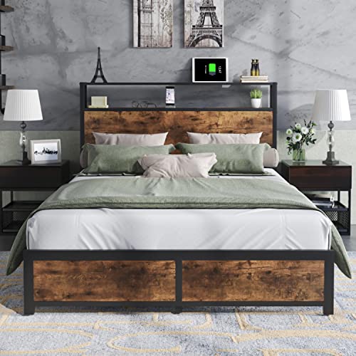 Catrimown Queen Bed Frame with Storage Headboard Platform Bed Frame Queen Size with 2 Tier Headboard Industrial Wood Queen Bed Frames No Box Spring Needed Noise Free, Rustic Brown (Queen)