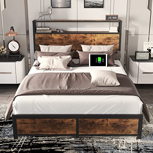 Catrimown Queen Bed Frame with Storage Headboard Platform Bed Frame Queen Size with 2 Tier Headboard Industrial Wood Queen Bed Frames No Box Spring Needed Noise Free, Rustic Brown (Queen)