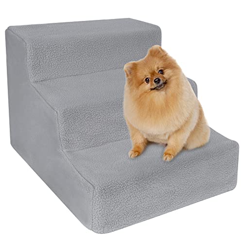 yofit Doggy Steps - Non-Slip 3 Steps Pet Stairs for Cats and Dogs, Foldable Plastic with Washable Carpet (Gray)