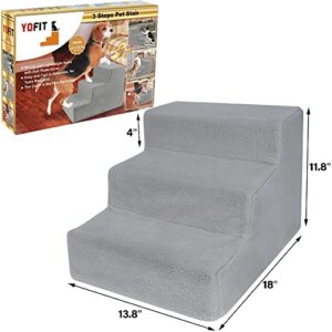 yofit Doggy Steps - Non-Slip 3 Steps Pet Stairs for Cats and Dogs, Foldable Plastic with Washable Carpet (Gray)