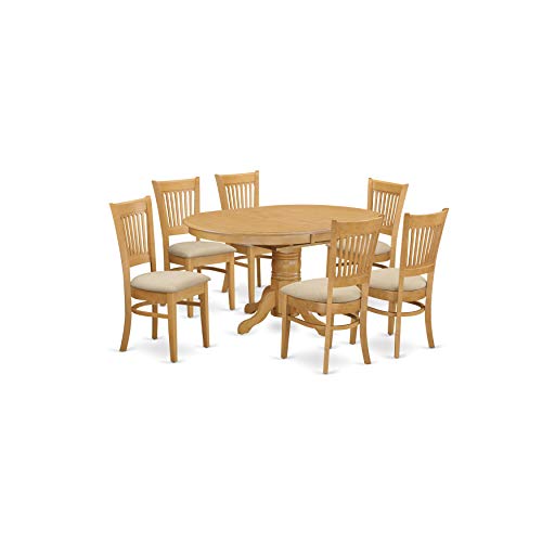 East-West Furniture AVVA7-OAK-C Mid-Century Dining Table Set- 6 Fantastic Dining Chairs with Linen Fabric Seat - A Wonderful Butterfly Leaf Round Dining Table (Oak Finish)