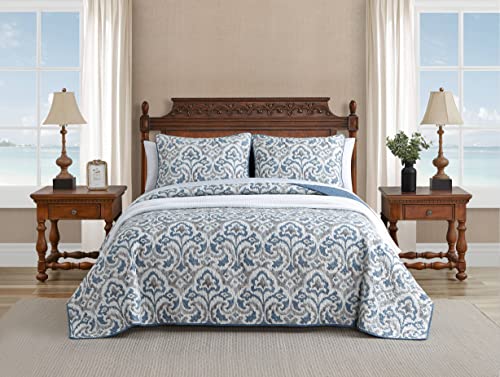 Tommy Bahama Quilt Set Reversible Cotton Bedding with Matchin Shams, All Season Home Decor, King, Cape Verde Smoke Grey/Blue