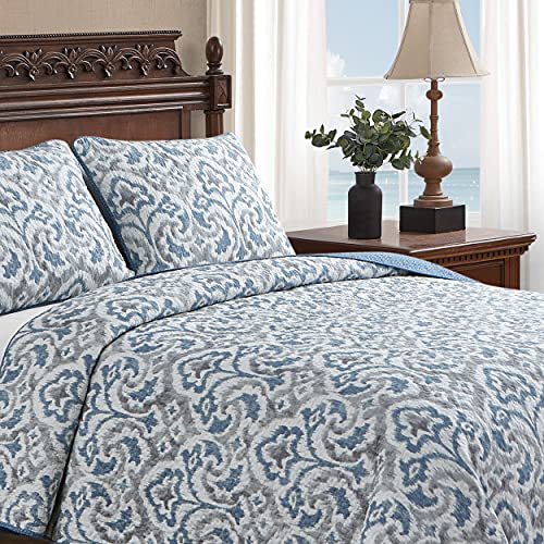 Tommy Bahama Quilt Set Reversible Cotton Bedding with Matchin Shams, All Season Home Decor, King, Cape Verde Smoke Grey/Blue