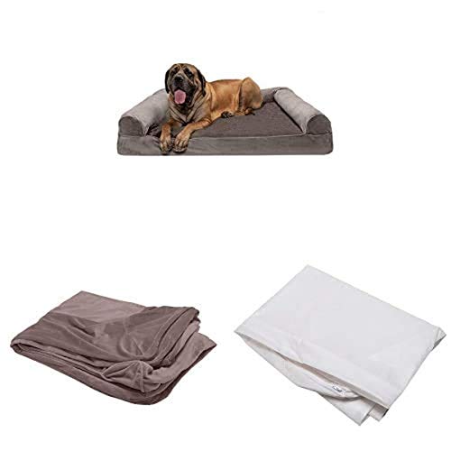 Furhaven Pet Bundle - Jumbo Plus Driftwood Brown Orthopedic Faux Fur & Velvet Sofa, Extra Dog Bed Cover, & Water-Resistant Mattress Liner for Dogs & Cats