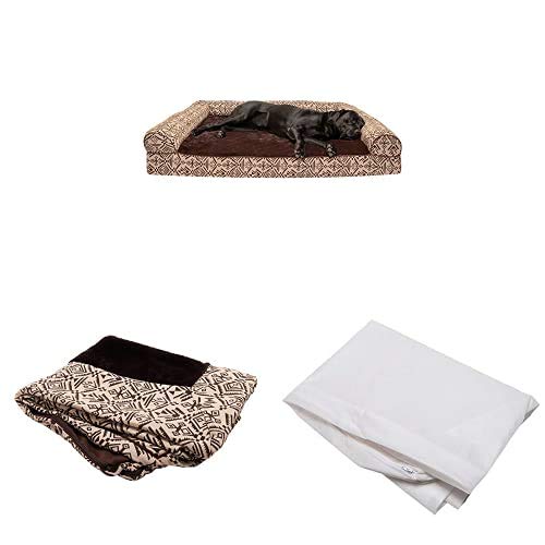 Furhaven Pet Bundle - Jumbo Plus Desert Brown Orthopedic Plush Kilim Southwest Home Decor Sofa, Extra Dog Bed Cover, & Water-Resistant Mattress Liner for Dogs & Cats