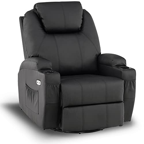 MCombo Manual Swivel Glider Rocker Recliner Chair with Massage and Heat for Adult, Cup Holders, USB Ports, 2 Side Pockets, Faux Leather 8031 (Black)