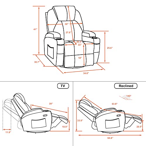 MCombo Manual Swivel Glider Rocker Recliner Chair with Massage and Heat for Adult, Cup Holders, USB Ports, 2 Side Pockets, Faux Leather 8031 (Black)