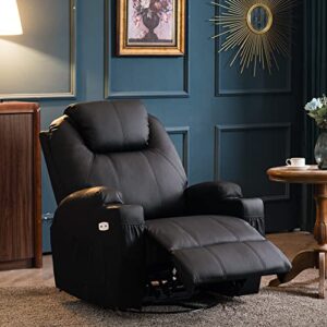 MCombo Manual Swivel Glider Rocker Recliner Chair with Massage and Heat for Adult, Cup Holders, USB Ports, 2 Side Pockets, Faux Leather 8031 (Black)