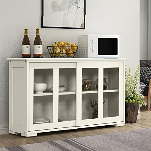 Costzon Kitchen Sideboard, Antique Stackable Storage Cabinet with Height Adjustable Shelf, Sliding Door Window, Wooden Cupboard Server Buffet Console Table for Home Dining Room Entryway (Cream White)