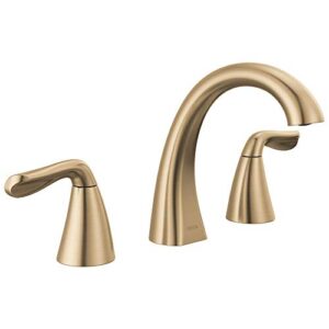 delta faucet arvo widespread bathroom faucet 3 hole, gold bathroom faucet, bathroom sink faucet, drain assembly included, champagne bronze 35840lf-cz