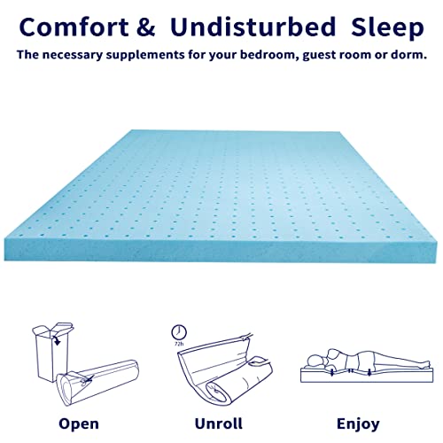 subrtex 4 Inch Memory Foam Mattress Topper Ventilated Gel Infused Bed Foam Topper, CertiPUR-US Certified, Full, Blue