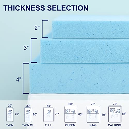 subrtex 4 Inch Memory Foam Mattress Topper Ventilated Gel Infused Bed Foam Topper, CertiPUR-US Certified, Full, Blue