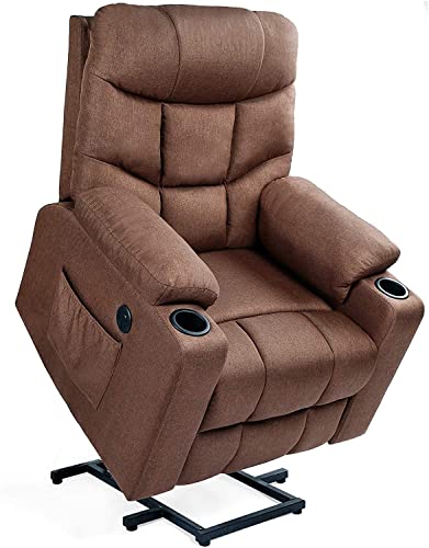 Esright Power Lift Chair Electric Recliner for Elderly Heated Vibration Massage Fabric Sofa Motorized Living Room Chair with Side Pocket and Cup Holders, USB Charge Port&Massage Remote Control, Brown